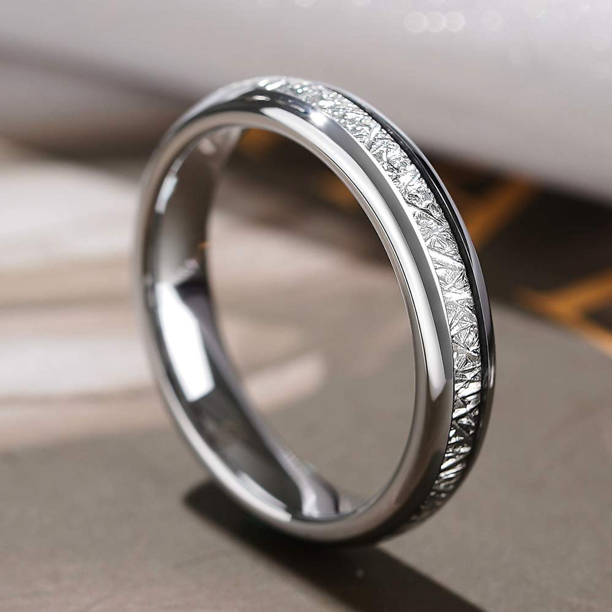 THREE KEYS JEWELRY Womens Charming Viking 4mm Hunting Jewelry Tungsten Meteorite Polished Wedding Carbide Ring Band for Women Engagement Silver size 8