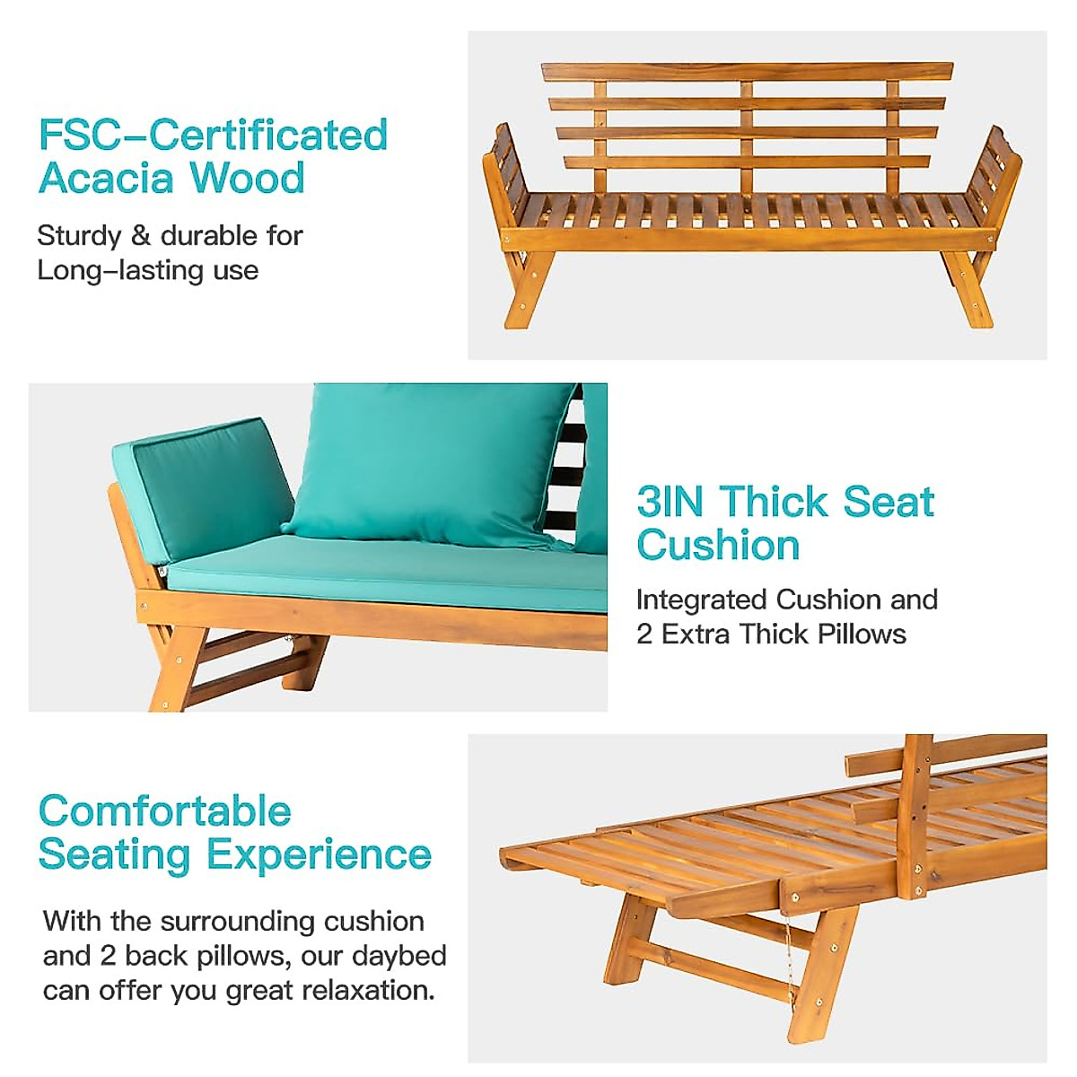 Panana Acacia Wood Convertible Couch Sofa Bed Adjustable Armrest Folding Daybed Collapsible Chaise Lounge w/Cushions Outdoor Loveseat for Garden Patio Poolside Turquoise