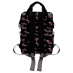 Personalized Diaper Backpack with Name, Pink Sparkle Name Logo Text Black Custom Diaper Bag Baby Nappy Bag Shoulder Bag Casual Daypack Bag for Mom Dad Multifunctional Travel
