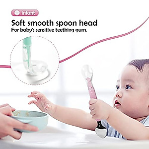 Baby Feeding Spoon, ROPOSY Double-Ended Silicone Baby Spoon, BPA-Free First Upward Self Feeding Baby Utensils for 6 Months+, 1-Pack, 2 Spoons in Cyan/Pink