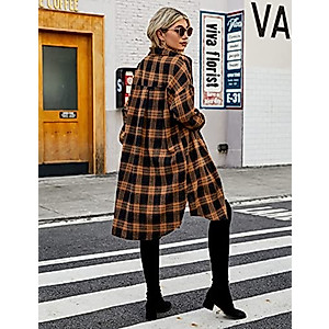 Blooming Jelly Women's Button Down Flannel Shirts Plaid Shacket Long Sleeve Collared Long Jacket Coats（XLarge,Brown Plaid）