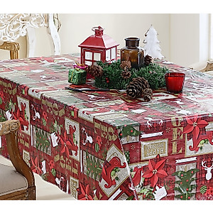 Newbridge Red Sleigh Bells Ring Country Rustic Vinyl Flannel Back Vinyl Christmas Tablecloth, Moose Antlers, Sleighs and Festive Xmas Wipe Clean Tablecloth, 52 Inch x 70 Inch Oblong/Rectangle