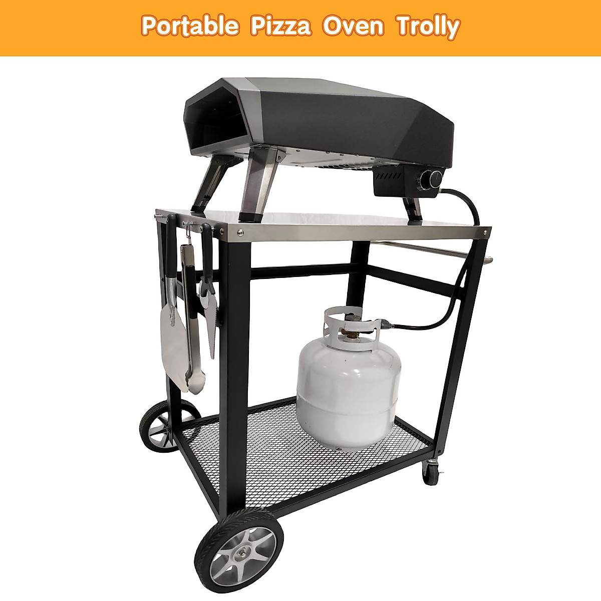 PARTAKER Movable Pizza Oven Trolley/BBQ Grill Cart with 2 Swivel Casters 2 Wheels, Double-Shelf Dining Serving Cart Table, Kitchen Pre-Station Island Countertop Work Bar, L 28-3/4" by W 19-1/2"