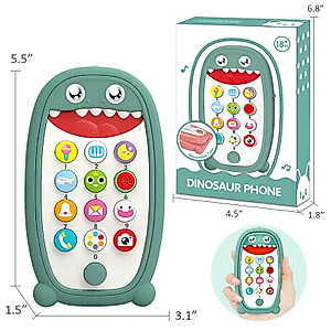 Baby Dinosaur Cell Phone Toy Removable Soft Teether Case, Lights, Music & Adjustable Volume Kids Play & Learn Pretend Phone Infant Toddler, Preschool Holiday Birthday Gift Girl Boy 18 Months (Green)