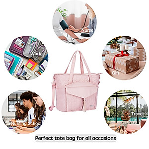 Utility Teacher Tote Bag for Women Work Bags Quilted Large Nurse Tote Bag with Pockets for 15.6" Laptop for Teacher Supplies (Pink)