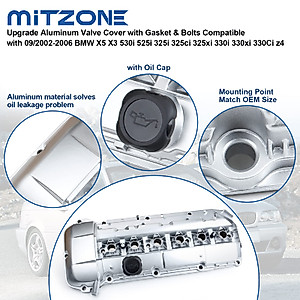 MITZONE Upgrade Aluminum Valve Cover kit Compatible with 2002-2006 BMW X5 X3 530i 525i 325i 325ci 325xi 330i 330xi 330Ci z4 Replace 11127512839