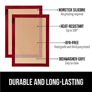 Gorilla Grip Silicone Oven Mitts Set of 2 and Silicone Baking Mats Set of 2, Silicone Oven Mitts are 14.5 Inch, Quarter Sheet Silicone Baking Mats, Both in Red Color, 2 Item Bundle