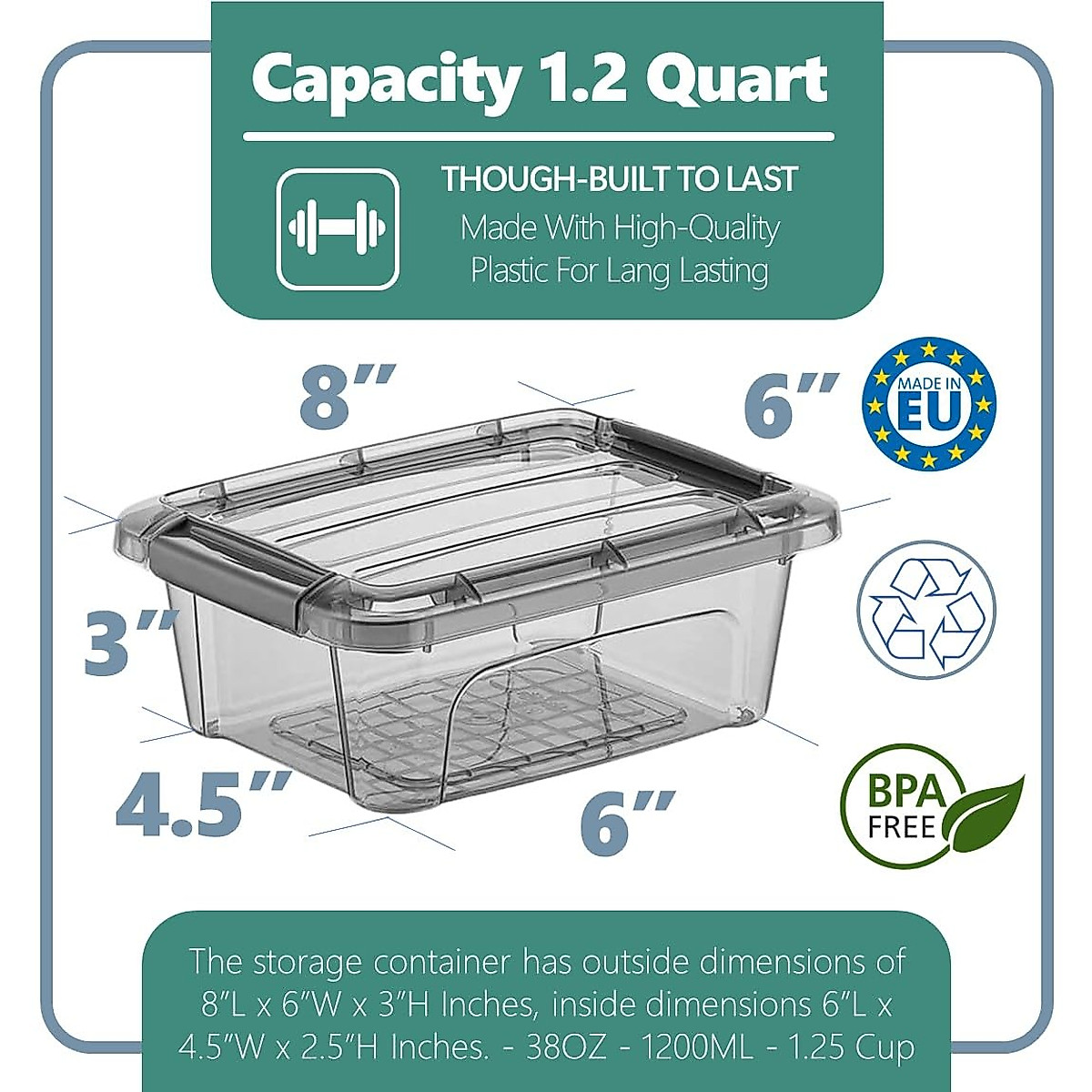 Tribello Small Storage Container Bin With Lids, 1.25Q Mini Plastic Storage Container With Latching Lids For Organizing - Tinted - (8’ x 6” x 3”) 1.25 Quart - Set of 6 - Made in EU