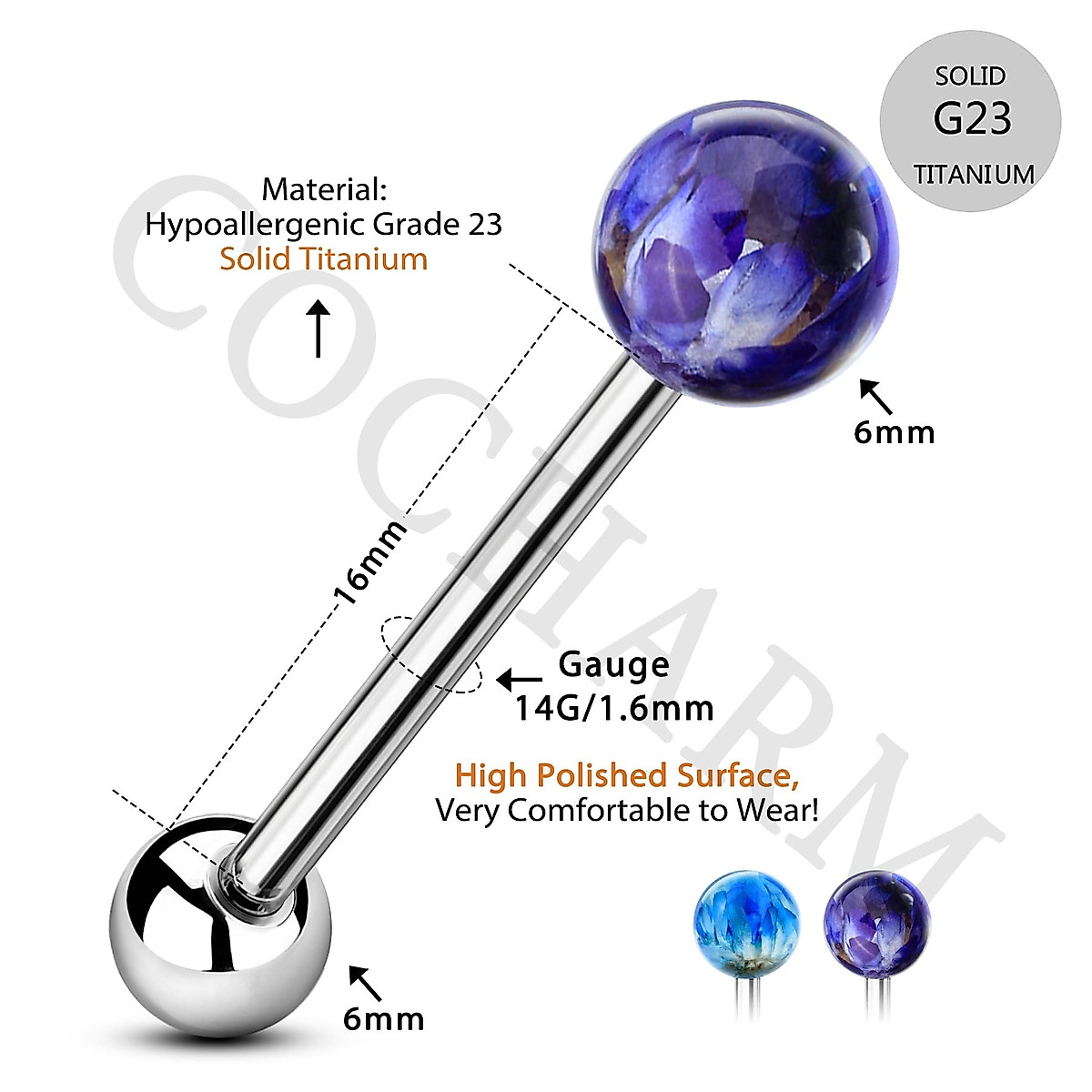 COCHARM 2pcs G23 Solid Titanium Tongue Rings for Women Purple Blue Flower Tongue Piercing Jewelryy Tongue Ring 14g Tongue Ring Tongue Bar Tongue Piercing Tongue Barbells