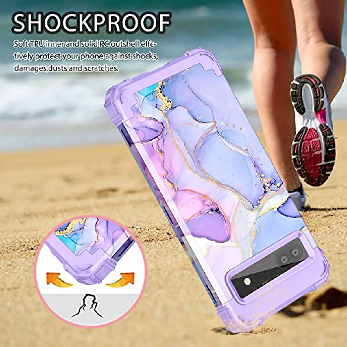 Hekodonk for Google Pixel 6A Case (2022), Heavy Duty Shockproof Protection Hard Plastic+Silicone Rubber Hybrid 3 in 1 Drop Protective Case for Google Pixel 6A Purple Marble