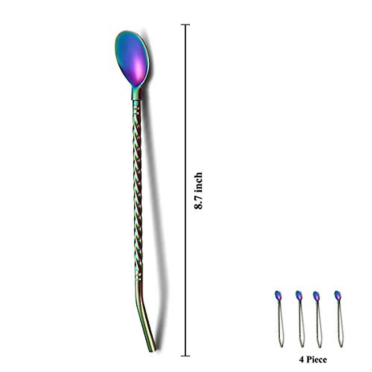 HOMQUEN Rainbow Iced Tea Spoon with Straw Handle for Drinking, 4 Pieces 8.7" Stainless Steel Titanium Rainbow Plating Long Handle Bar Spoon Silverware for Mixing and Stirring