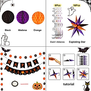 Happy Halloween Banner Decorations Kit with Star Balloons Honeycomb Balls Metallic Hanging Swirls Circle Dot Garland for Halloween Party Decorations