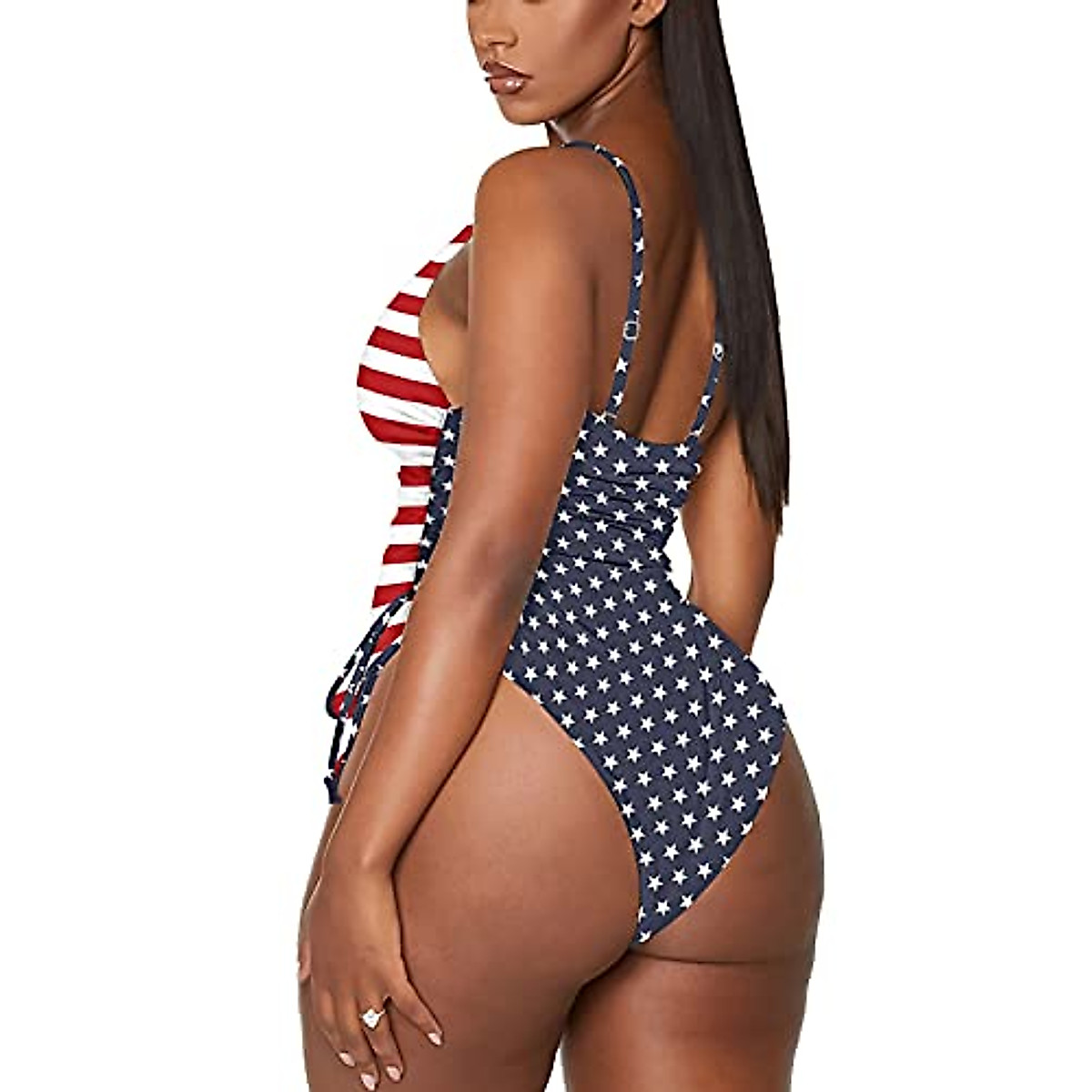 Viottiset Women's One Piece Swimsuit Drawstring Tummy Control High Cut Bathing Suit American Flag Small