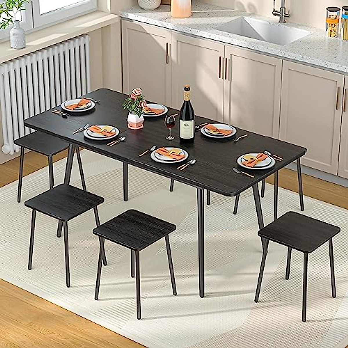Qsun 7-Piece 63" Large Dining Table Set for 4-6 People, Extendable Kitchen Table Set with 6 Chairs, Dining Room Table with Round Corner for Small Space, Children Protective Design, Black