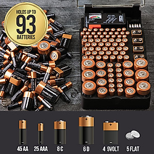 The Battery Organizer and Tester with Cover, Battery Storage Organizer and Case, Holds 93 Batteries of Various Sizes, Includes a Removable Battery Tester, Battery Holder for Garage Organization, White
