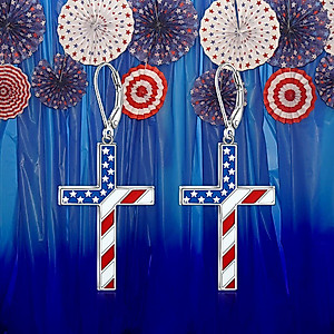 Patriotic 4th of July Earrings for Women Cross Fourth of July American Flag Earrings Dangle Sterling Silver Red White and Blue Veterans USA Independence Day Gifts
