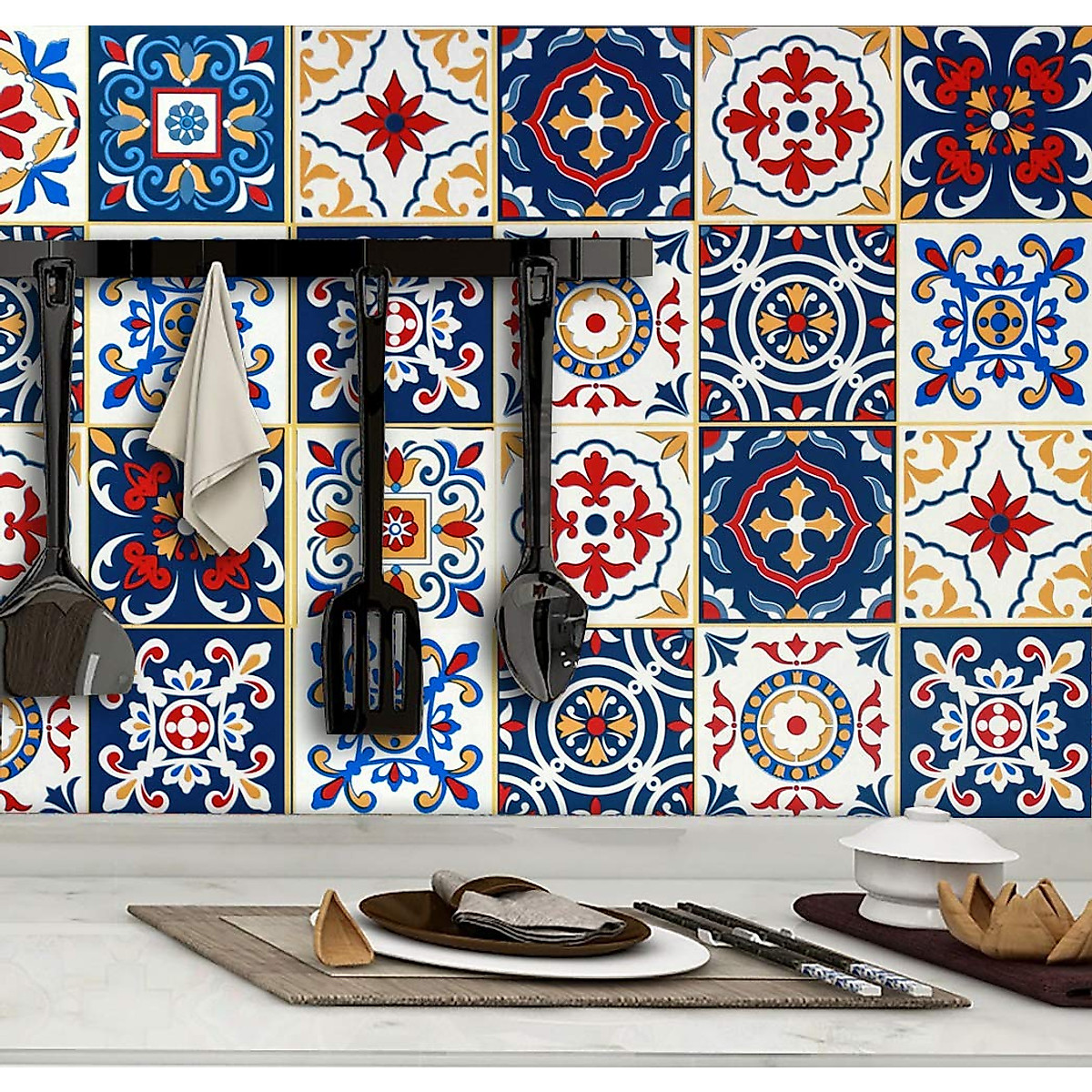 Peel and Stick Wallpaper Boho Colorful Tile Contact Paper Removable Boho Wallpaper Self Adhesive Wallpaper Waterproof Contact Paper Decorative Cabinets Furniture Shelf Drawer Liner 17.7"x78.7"