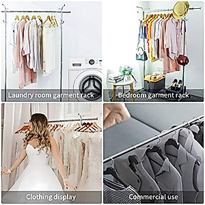 HOUSE AGAIN Adjustable 2-in-1 Heavy-Duty Garment Rack Clothes Coat Rack Rolling with Foot Operated Lockable Wheels, Extra Strength Clothes Rack for Hanging Clothes, Shoes Organizing, Chrome