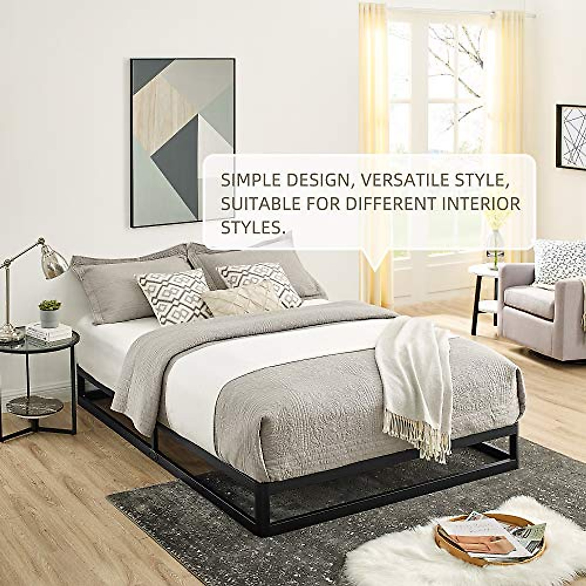 BIKAHOM Modern 9 Inch Metal Platform Bed Frame Queen with Heavy Duty Steel Foundation for Bedroom,Mattress Foundation,No Box Spring Needed,Sturdy Steel Structure