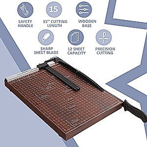 Paper Cutter Guillotine, Paper Trimmer Heavy Duty, 15 Inch Paper Cutting Board, 12 Sheets Capacity, Photo Craft Machine with Security for Cutting of Paper, Photos or Labels, for Home&Office (Red)
