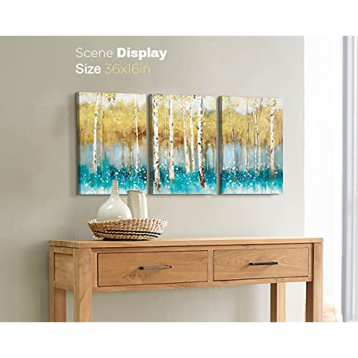 Canvas Wall Art for Living Room Tree Art Teal Yellow Wall Decor Birch Tree Wall Paintings Bedroom Decorations Forest Landscape Picture for Office Home Dining Room Kitchen Bathroom Wall 36x16in