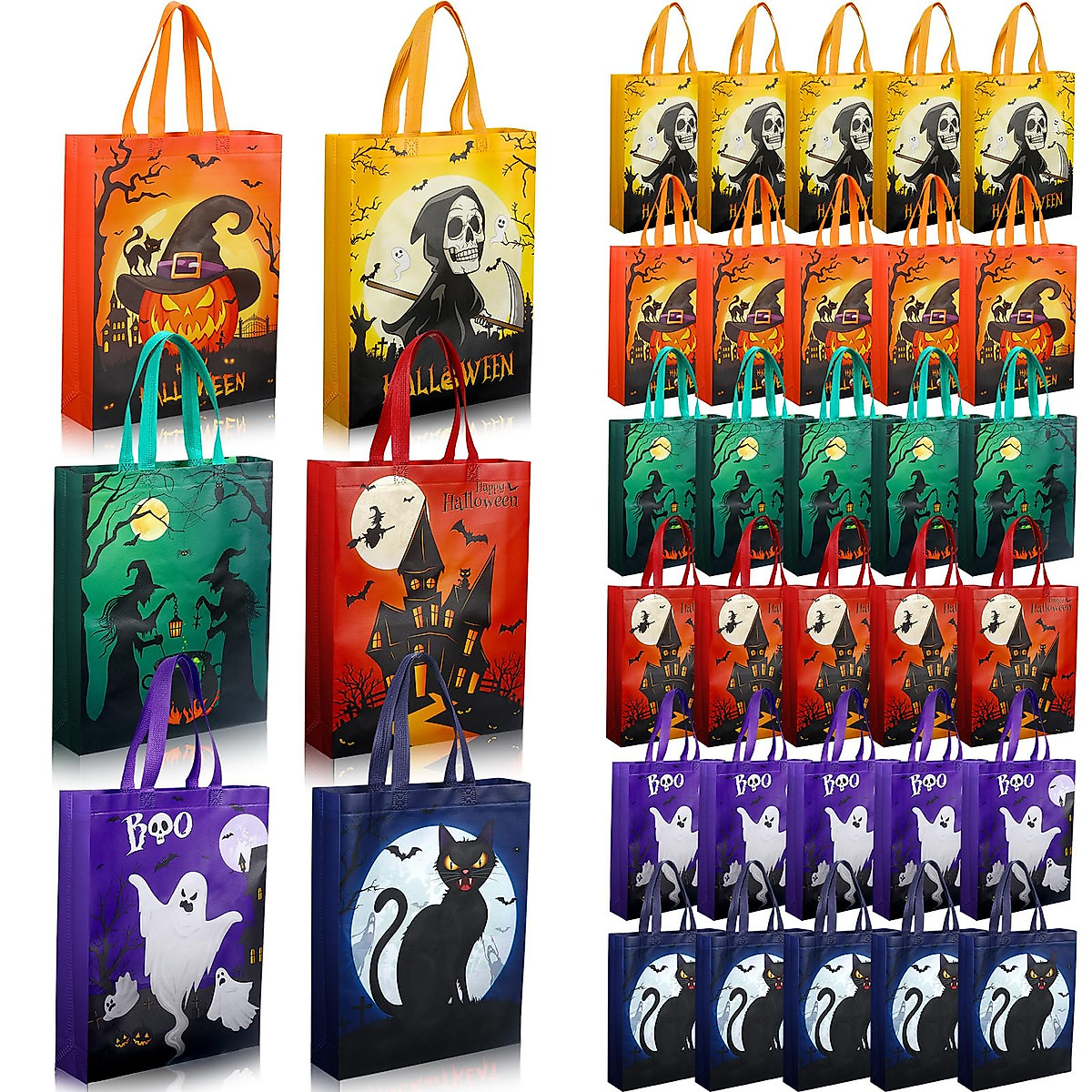 Paterr 30 Pcs Large Halloween Trick or Treat Bags Multifunctional Non Woven Halloween Tote Bags with Handles 6 Patterns Design Halloween Bags for Candy Wrapping Party Supplies, 11.8'' x 3.1'' x 15''