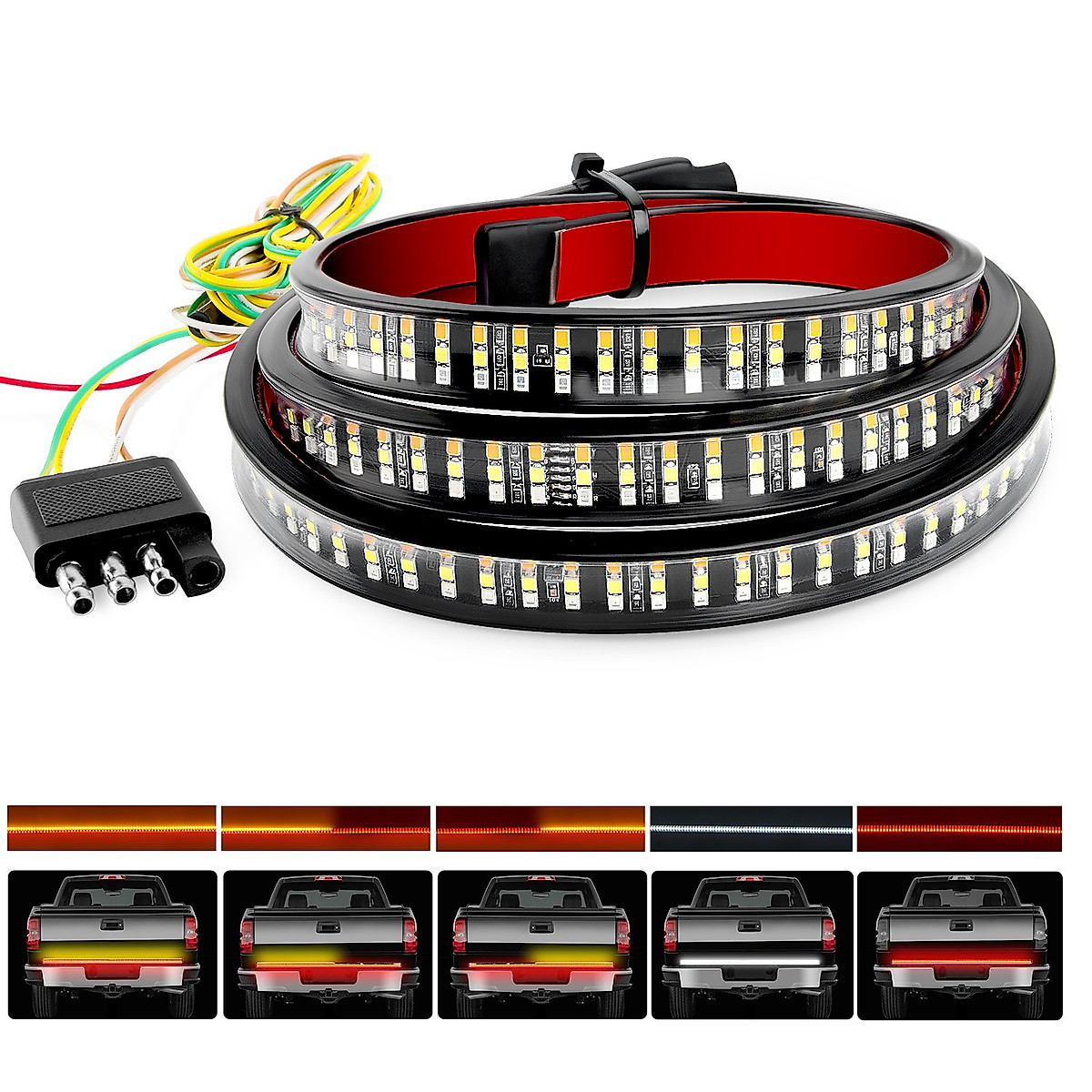 Nilight Triple Row 60 Inch 504 LEDs Truck Tailgate Light Bar Strip with Red Tail Brake Sequential Amber Turn Signal White Reverse Back Up Lighting Modes for Pick Up Truck SUV