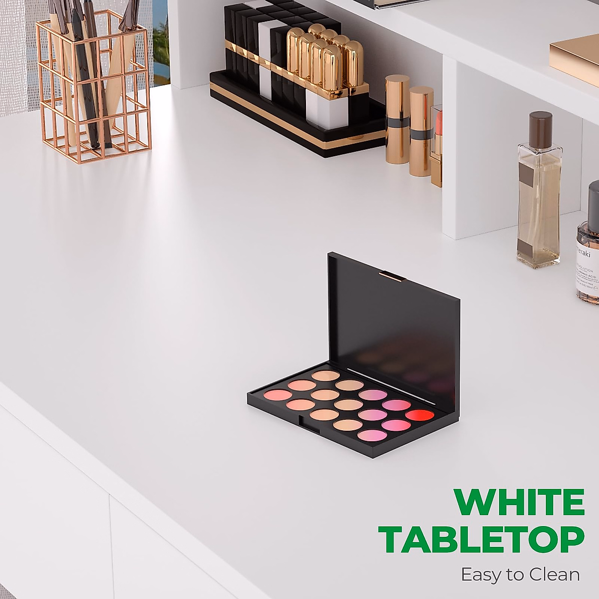 GreenForest Vanity Desk with 2 Drawers, White Makeup Desk with 3 Storage Spaces, 31.5 inch Small Desk with Silver Metal Legs, Modern Home Office Desk for Kids, Bedroom (No Mirror)