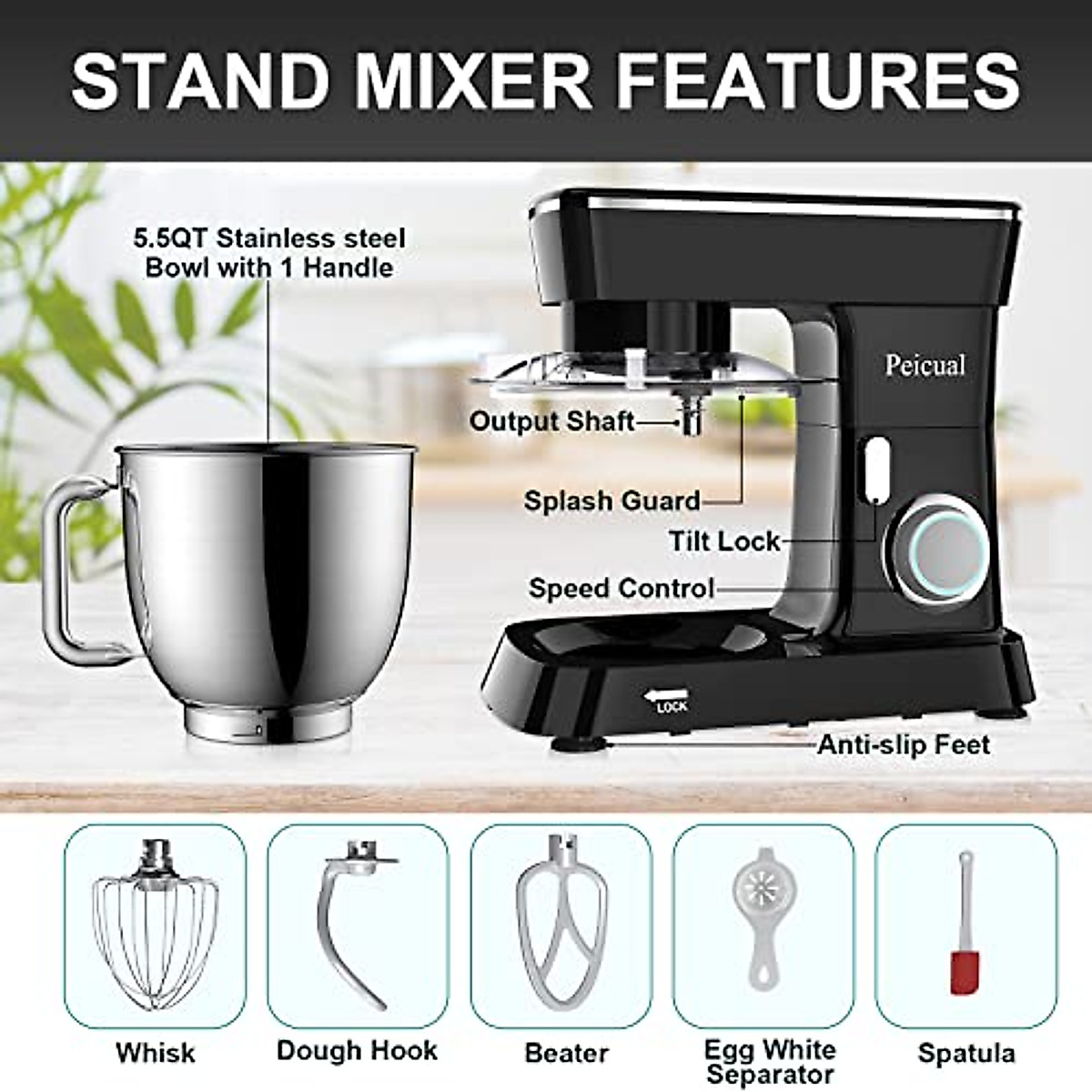 Upgraded Household Stand Mixer for Peicual 800W 10+P Speed High-Performance Tilt-Head Electric Kitchen Mixer 5.5Qt Stainless Steel Bowl with Dough Hook Flat Beater Wire Whisk & Splash Guard - Black