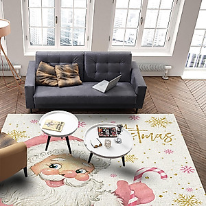 Cute Pink Santa Area Rug, 5x7ft, Merry Christmas Golden Snowflake Candy Indoor Throw Carpet, Foldable Breathable Cozy Rubber Backed Non-Slip Floor Rugs for Living Room Kids Teen Nursery