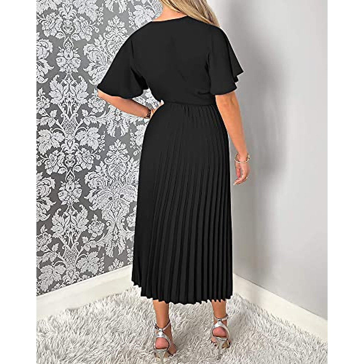 BTFBM Women Wrap V Neck Casual Summer Dresses 2023 Short Sleeve Satin Tie Waist Pleated Flowy Wedding Guest Midi Dress(Solid Black, Medium)