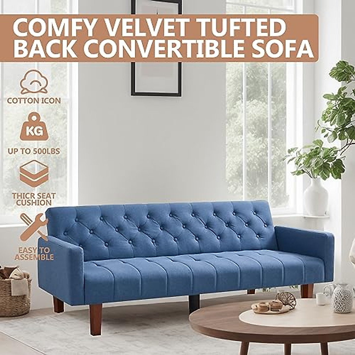 Fangflower Blue Tufted Back Sofa Bed Mid-Century Convertible Sleeper Futon with Tapered Wood Legs for Living Room Apartment Lounge