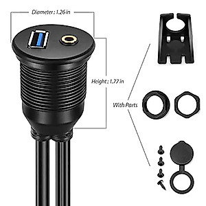 URWOOW USB Flush Mount - 3.5mm & USB 3.0 AUX Extension Mount, Dash Mount, Flush Mount, Panel Mount Cable, for Car, Boat, Motorcycle (2M 6ft)