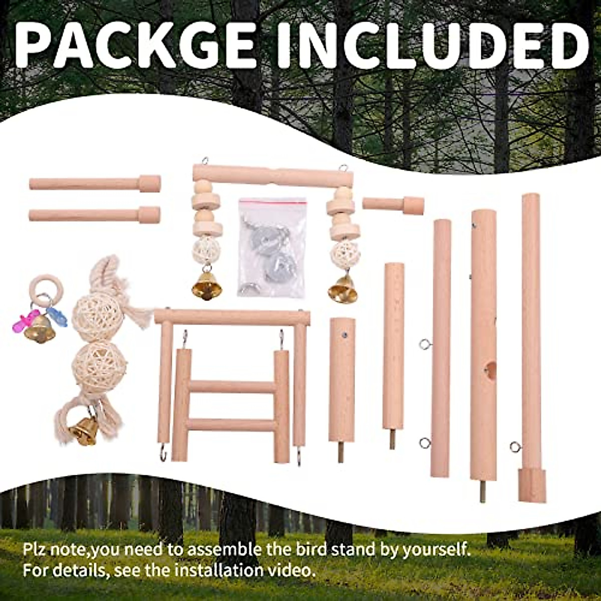QBLEEV Bird Cage Play Stand Toy Set-Birdcage Wood Stands Hanging Chew Toys Ladder Swing Parrot Perch Play Gym Playground Accessories Activity Center for Conure, Parakeets, Budgie, Cockatiels,Lovebirds