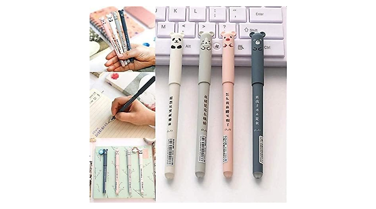Cute Erasable Gel Pens - Set of 4 Black Cartoon Style for School & Office