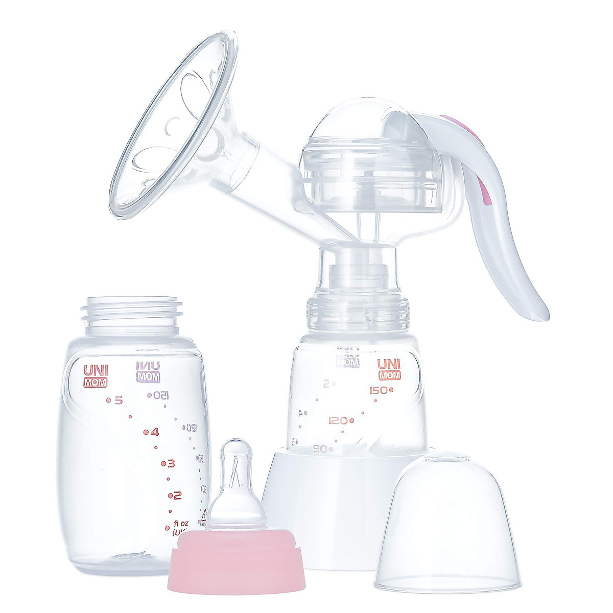 Unimom Manual Breast Pump with Soft Silicone Massaging Breast Shield – Ergonomic Rubber Handle - Includes Bottle and Stand - BPA Free – by Unimom