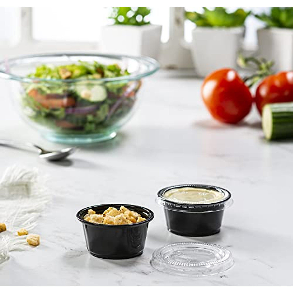 {2 oz - 100 Sets} Black Diposable Plastic Portion Cups With Lids, Small Mini Containers For Portion Controll, Jello Shots, Meal Prep, Sauce Cups, Slime, Condiments, Medicine, Dressings, Crafts, Disposable Souffle Cups & Much more