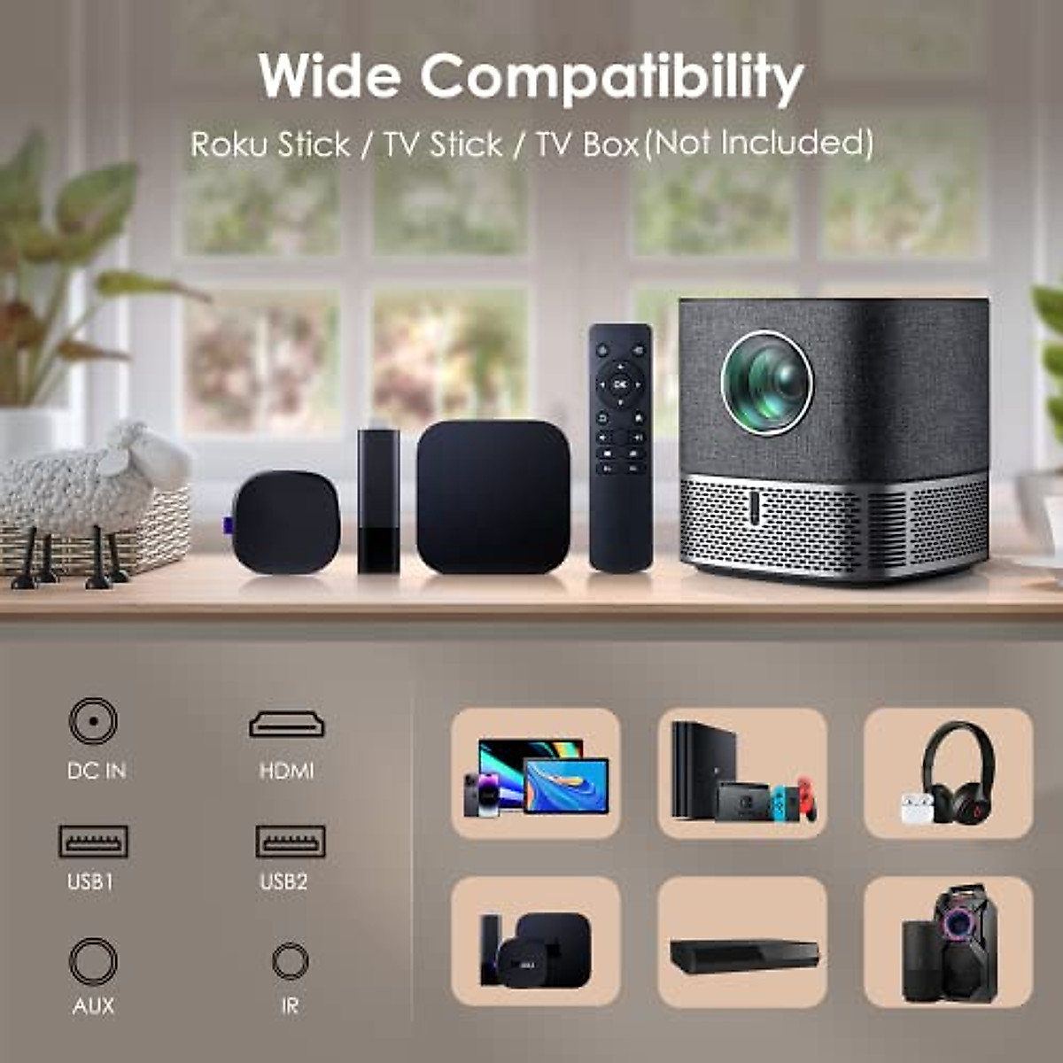 MUDIX Native 1080P Projector, 5G WiFi Projector 4K Support, 4P Keystone&Zoom Outdoor Movie Projector with Remote Control HDMI AUX USB, Portable Video Projector for Laptop/Phone/Switch/PPT/iOS/Android