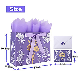 13" Large Purple Gift Bag Set with Greeting Card and Lavender Tissue Papers (Gold Foil Tree) for Women's Birthday Party, Mother's Day, Wedding, Girls