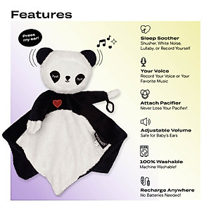 Hushko White Noise Baby Sound Machine - Sleeping Toy Panda - Sleep Soother: Shusher, Mother’s Heart Beat, Lullaby, or Record Any Sound. Volume & Time Control, Pacifier Holder, Washable, USB.