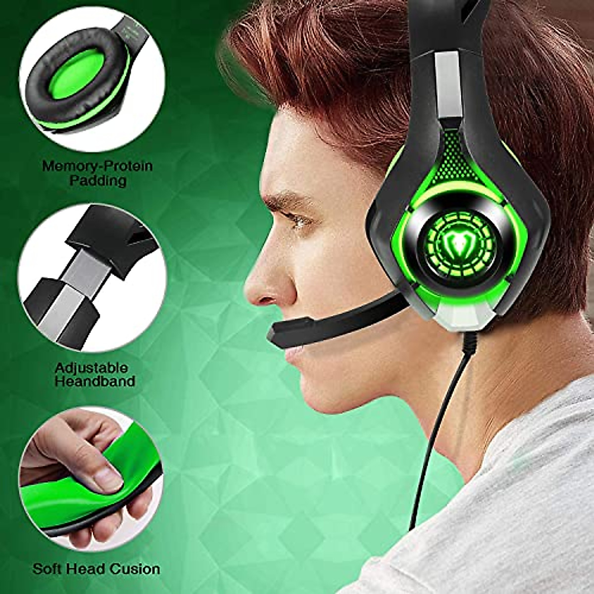 BlueFire 3.5mm PS4 Gaming Headset Headphone with Microphone and LED Light Compatible with Playstation 4, PS5, Xbox one, PC (Green)
