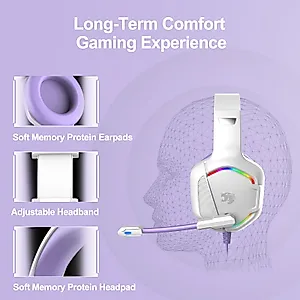 Gaming Headset with Microphone for Pc, Xbox One Series X/s, Ps4, Ps5, Switch, Stereo Wired Noise Cancelling Over-Ear Headphones with Mic, RGB, for Computer, Laptop, Mac, Nintendo, Gamer (Purple)