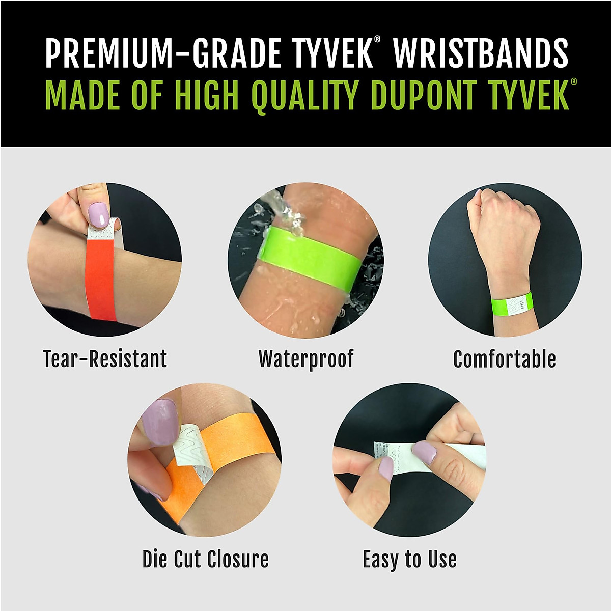 WristCo Variety Pack ¾” Tyvek Wristbands – 500 Pack | Green, Yellow, Red, Orange, Blue | Waterproof Paper Bracelets for Concerts & Events