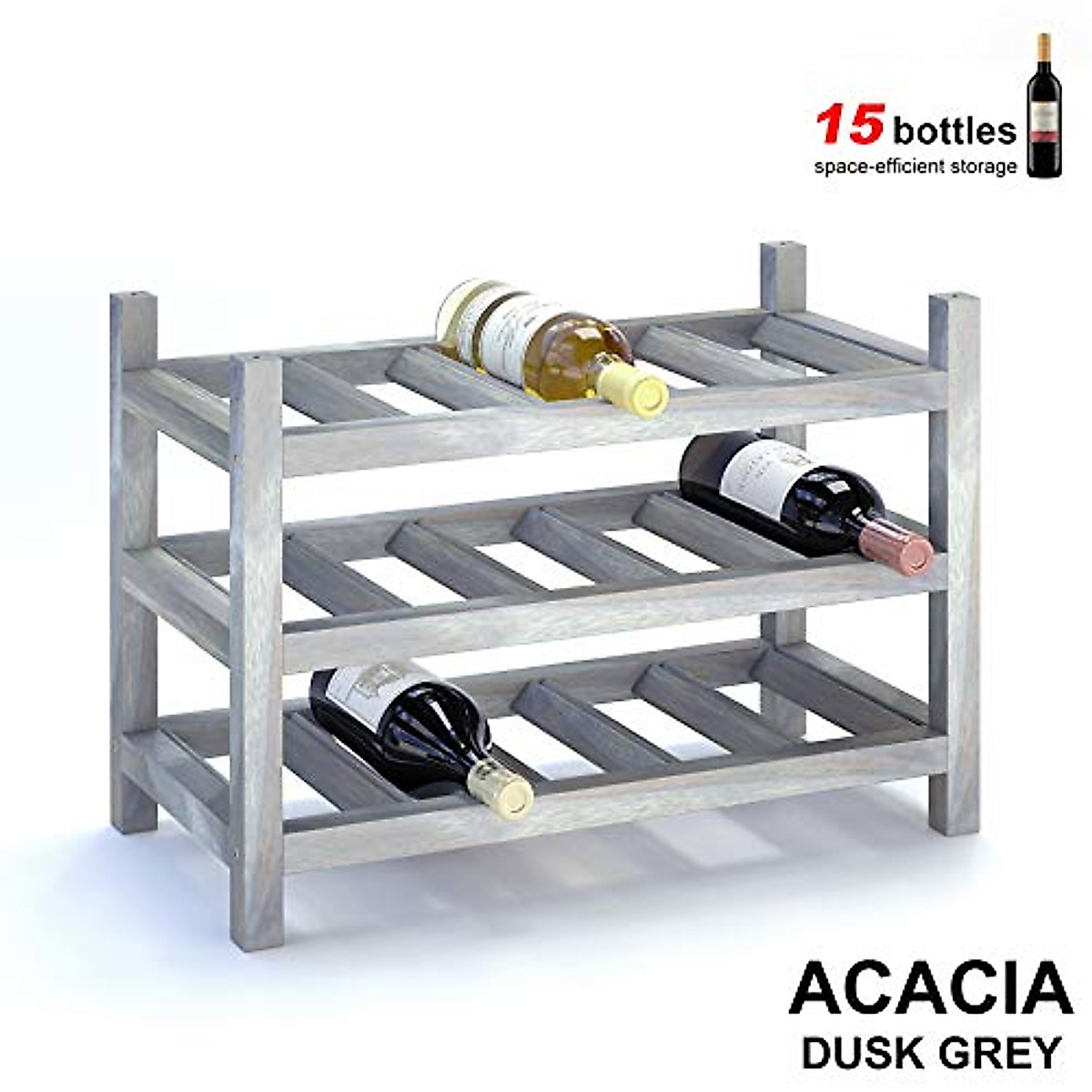 INTERBUILD Solid Hardwood Wine Rack Storage Shelf 3-Tier Stackable Freestanding Wine Bottle Holder 15 Bottles, Dusk Gray