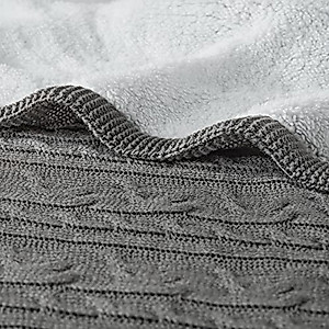 Bedfolks Cable Knit Sherpa Throw Blanket, Reversible Cozy Knitted Fleece Blankets, Thick, Soft, Warm Blanket for Couch, Sofa, Bed - 50 x 60inches Light Grey All Season