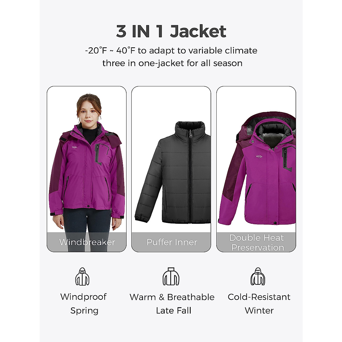 wantdo Big Girl's 3 in 1 Ski Jacket Snow Warm Winter Coat Waterproof Interchange Coat Purple 10-12