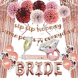 MEYSIMOON Bachelorette Party Decorations Kit Bridal Shower Supplies Rose Gold Ring Balloons,Banner,Bride to Be Sash,Curtain for Hens Night Party Decoration