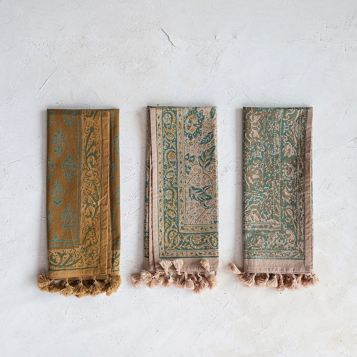 Creative Co-Op Cotton Printed Patterns and Tassels, Set of 3 Styles, Multicolor Tea Towel, Multi