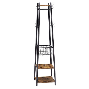 VECELO Coat Rack Freestanding, Entryway Clothes Stand with Metal Basket and 2 Shelves, Upgrade Hall Trees with 8 Dual Hooks for Bags, Hats, and Umbrellas, Industrial Styles, Vintage Brown+ Black