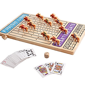BEAUAM Horse Racing Board Game Wooden Challenge Toy Poker with 11 Durable Horses Dice & Cards for Kids Family Game Brain Teaser Gamble Game Chess